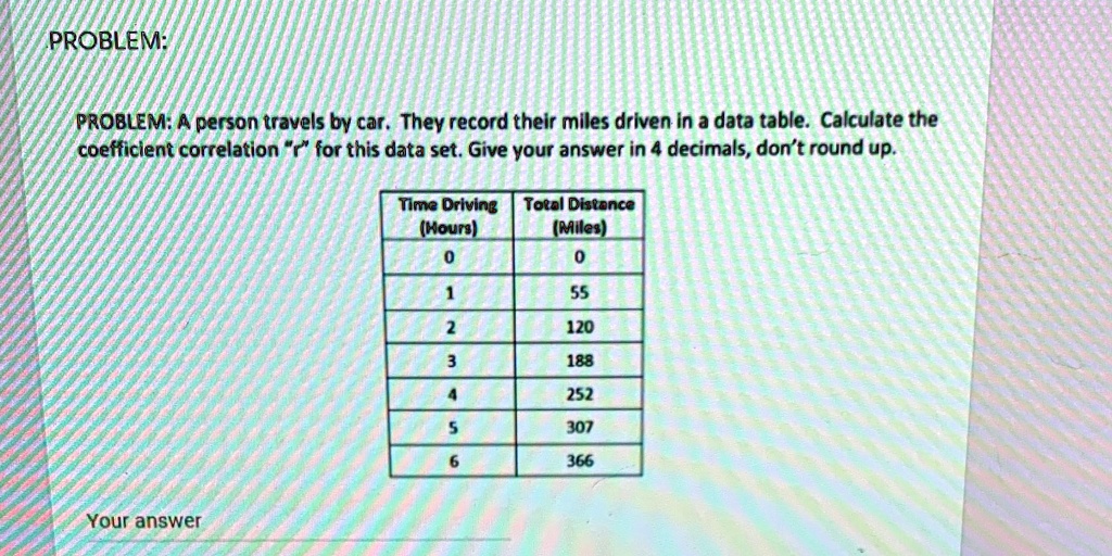 SOLVED: PROBLEM: A person travels by car. They record their miles ...