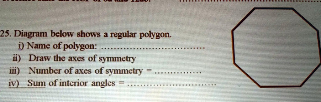 25. Diagram below shows a regular polygon. i) Name of polygon: ii) Draw ...