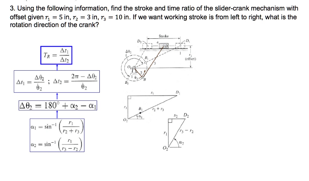 Using the following information, find the stroke and time ratio of the slider-crank mechanism ...