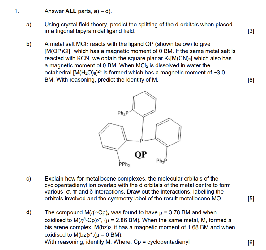 SOLVED: 1. Answer ALL parts, a) - d). a) Using crystal field theory ...