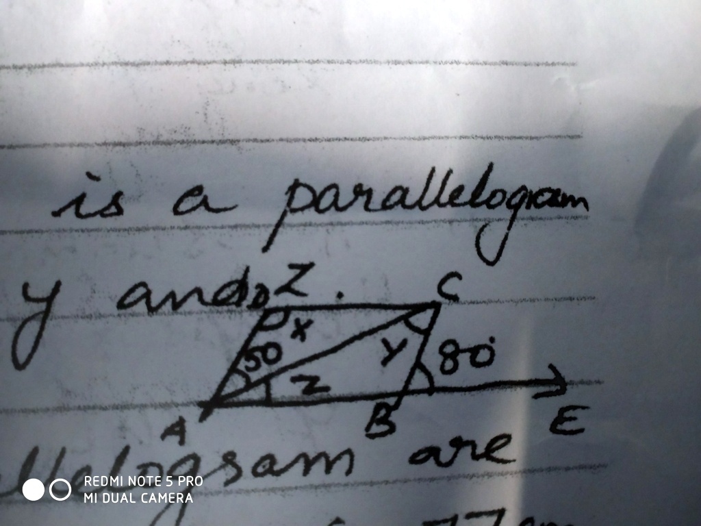 SOLVED: In the adjoining figure, ABCD is a parallelogram. Find the angles measuring x, y, and z.