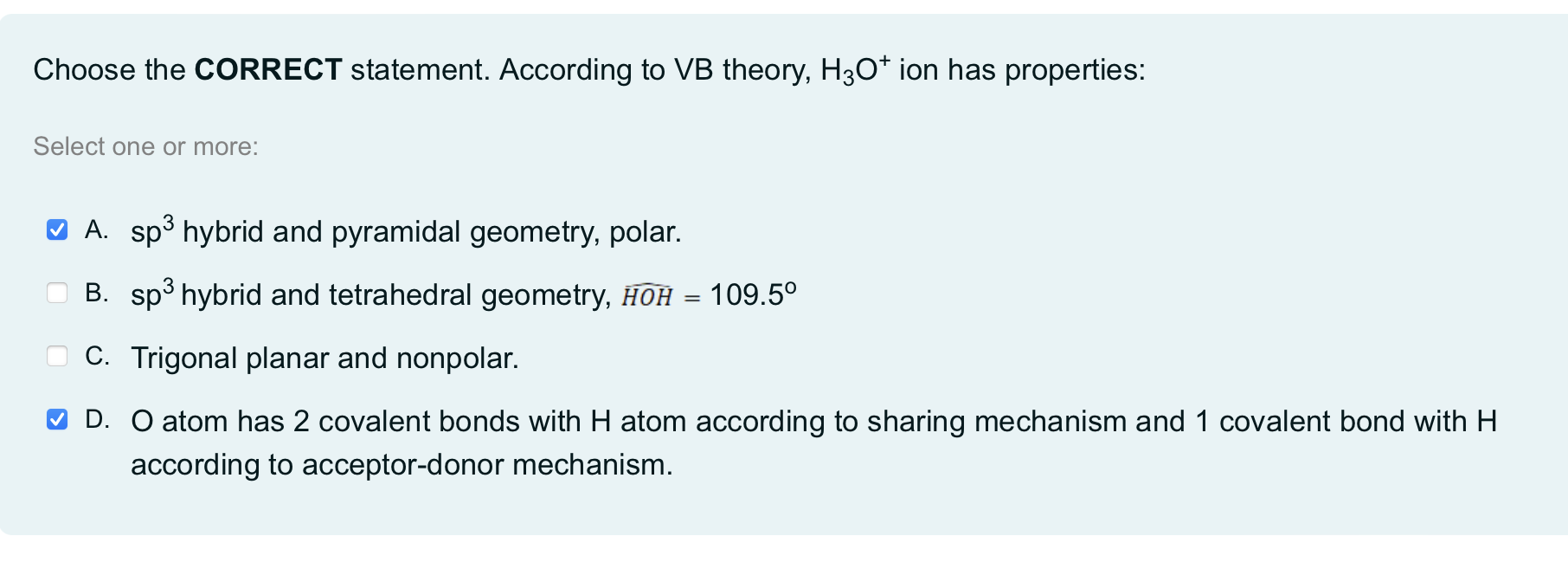 choose the correct statement according to vb theory mathrmh3 mathrmo ...