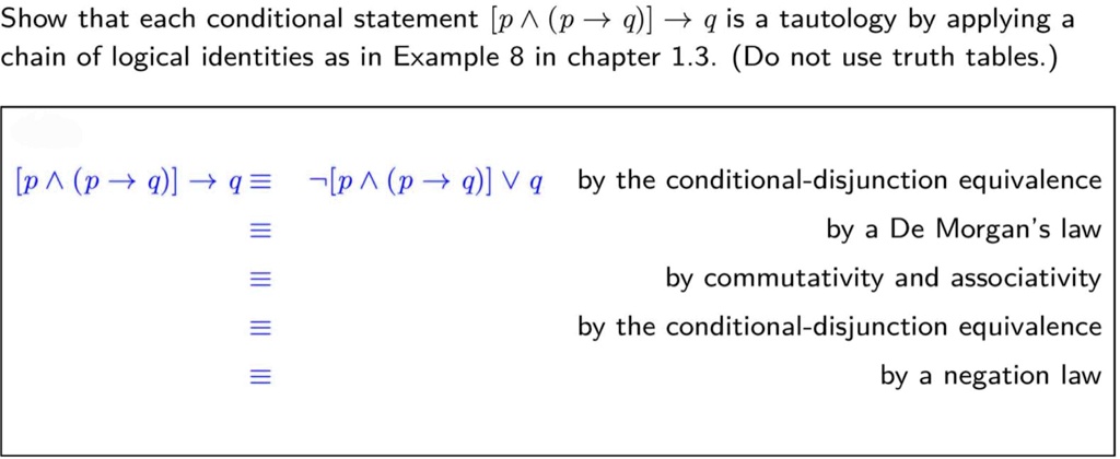 Show that each conditional statement [p? (p ? q)] ? q is a tautology by applying a chain of ...