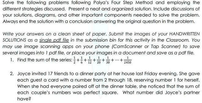 solve the following problems following polya four step method and employing the different ...