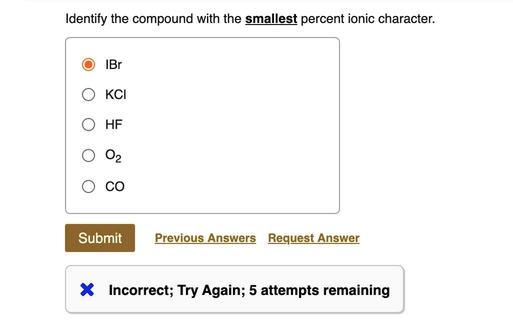 SOLVED: Identify the compound with the smallest percent ionic character ...