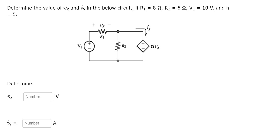 Determine the value of Vx and iy in the below circuit; if R1 8 9, Rz = 6 9, Vi = 10 V, and n 5 ...
