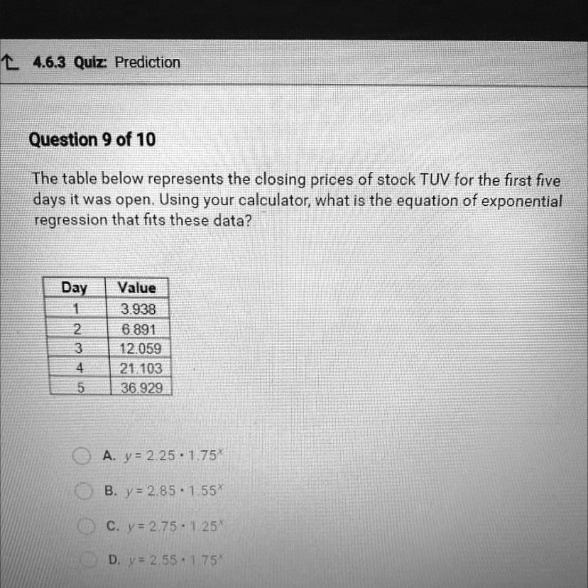 the table below represents the closing prices of stock tuv for the ...