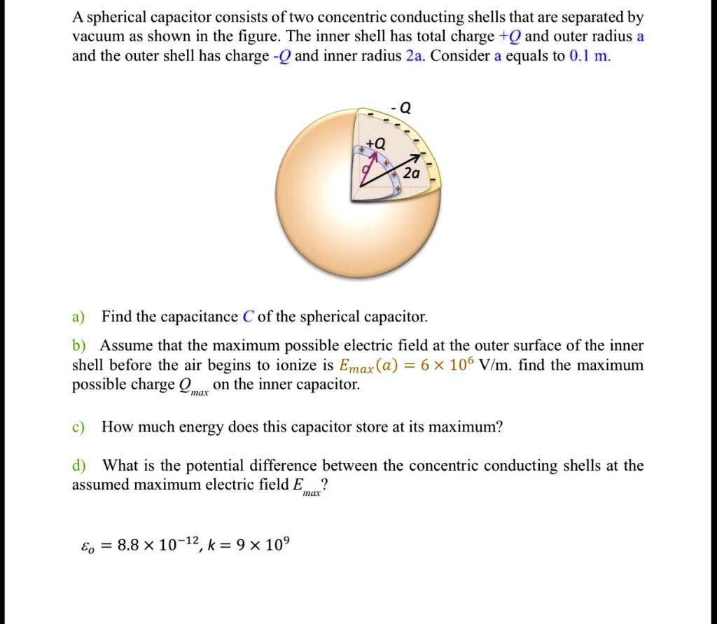 SOLVED: A spherical capacitor consists of two concentric conducting shells that are separated by ...