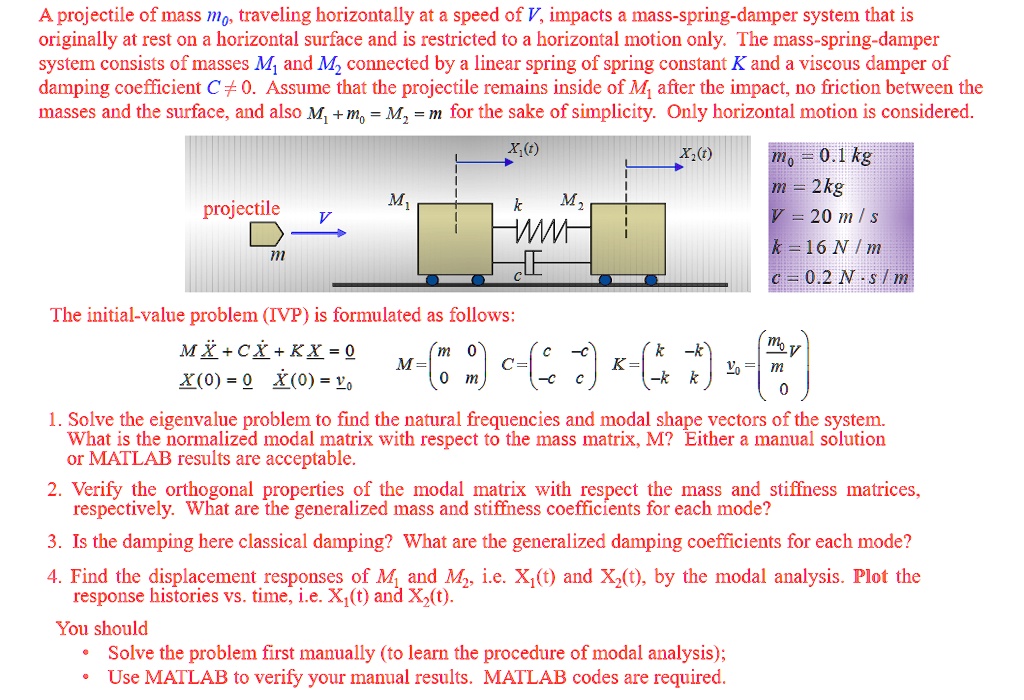 SOLVED: A projectile of mass m0, traveling horizontally at a speed of V, impacts a mass-spring ...