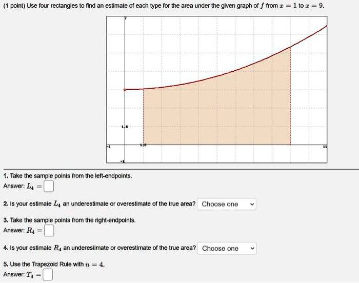 (1 point) Use four rectangles to find an estimate of each type for the ...