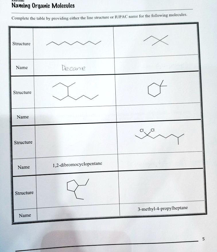 SOLVED: Naming Organic Molecules Complete the table by providing either Ihe line strueture or ...