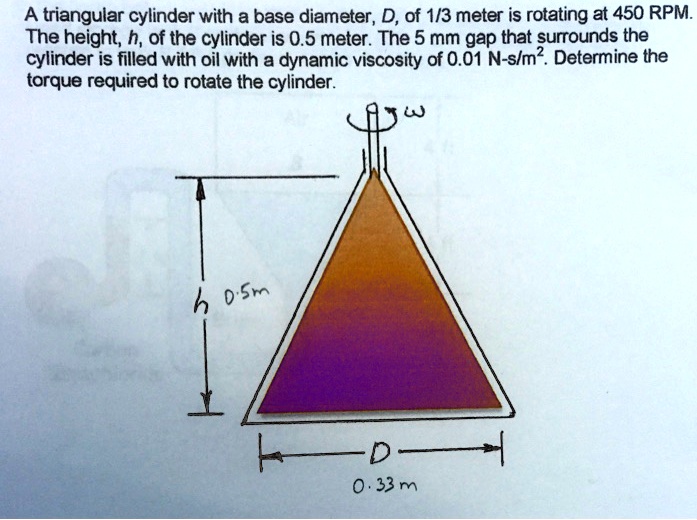 SOLVED: A triangular cylinder with a base diameter, D, of 1/3 meter is ...