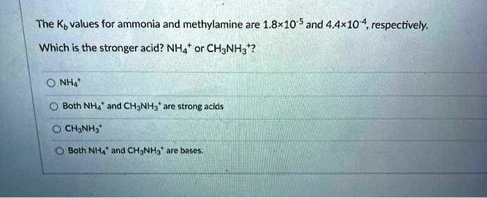 The Kb values for ammonia and methylamine are 1.8*10^-5 and 4.4*10^-4 ...
