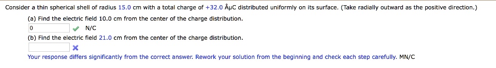 consider a thin spherical shell of radius 150 cm with a total charge of ...