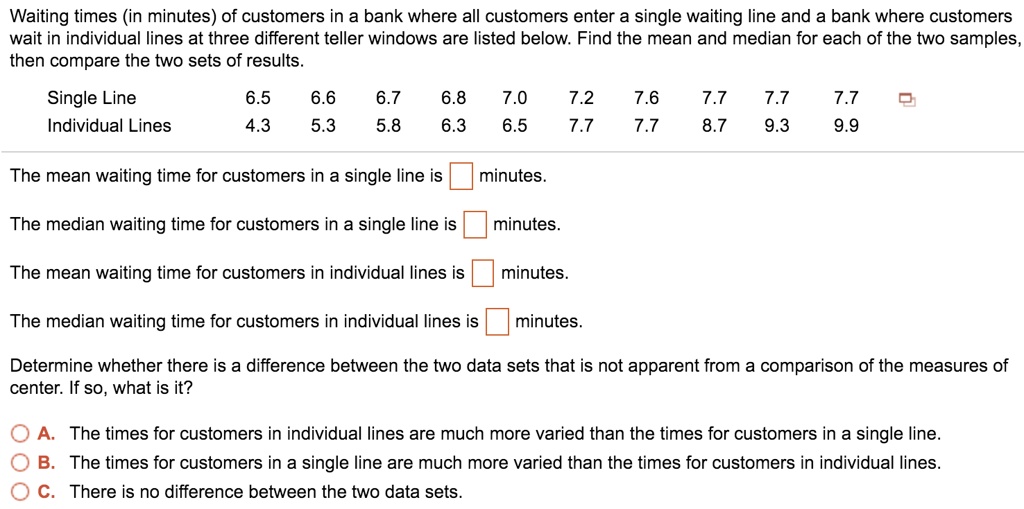 waiting times in minutes of customers in a bank where all customers ...