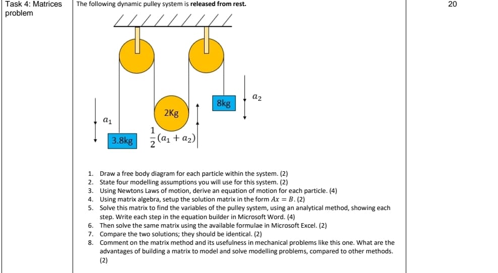 SOLVED: Task 4: Matrices problem The following dynamic pulley system is ...