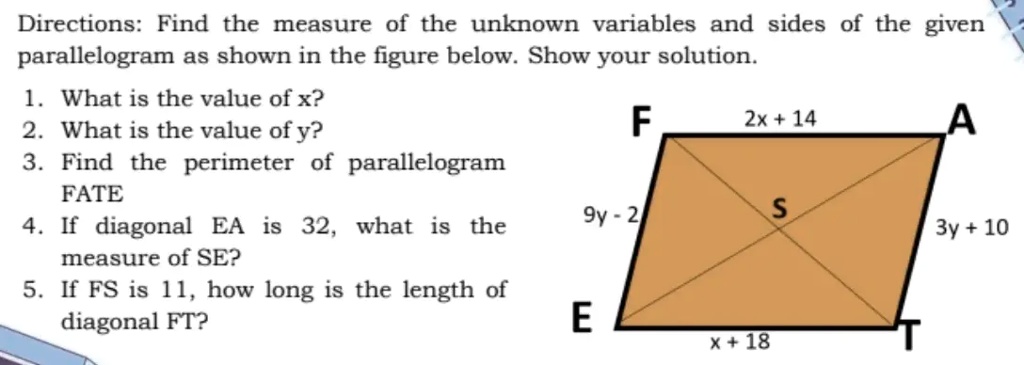 Directions Find The Measure Of The Unknown Variables And Sides Of The Given Parallelogram As