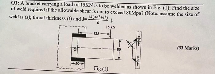 Q1: A bracket carrying a load of 15KN is to be welded as...