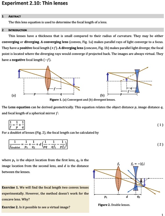 Solved Experiment 210 Thin Lenses Rbstract The Thin Lens Equation 