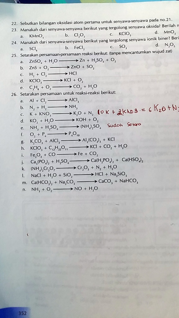 SOLVED: setarakan persamaan untuk reaksi reaksi berikut untuk senyawa-senyawa pada no.21. 22 ...