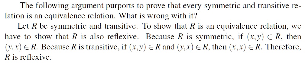 The following argument purports to prove that every symmetric and transitive relation is an ...