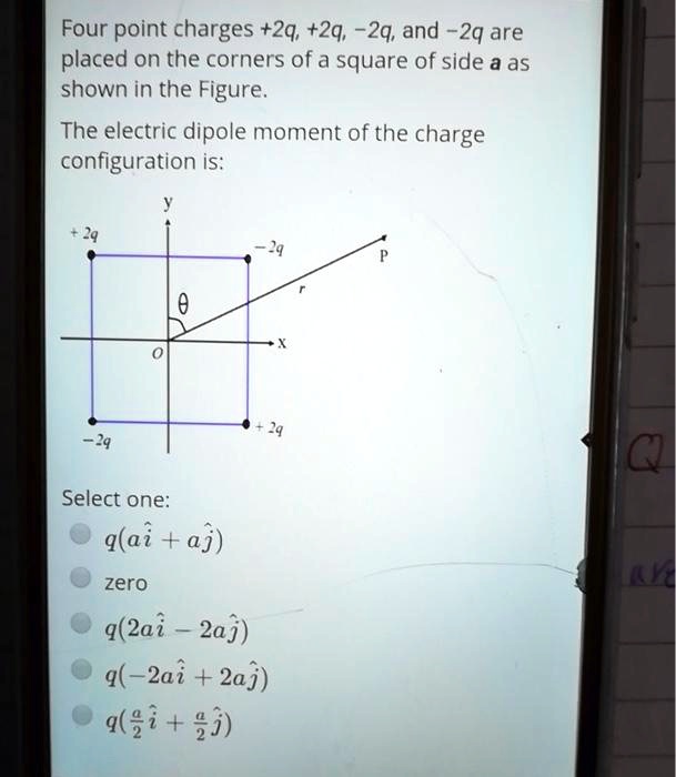 SOLVED: Four point charges +2q, +2q, +2q, and +2q are placed on the corners of a square of side ...
