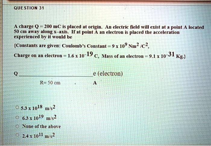 question 31 charge q 200 mc is placed at origin an electric field will ...