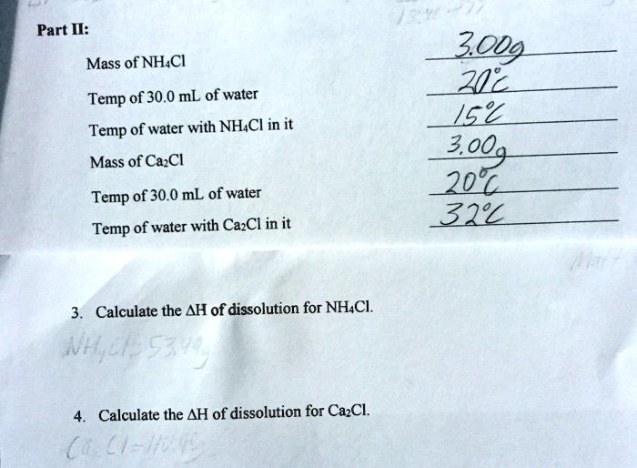 SOLVED: Part II: Mass of NH4Cl, Temperature of 30.0 mL of water, Temperature of water with NH4Cl ...