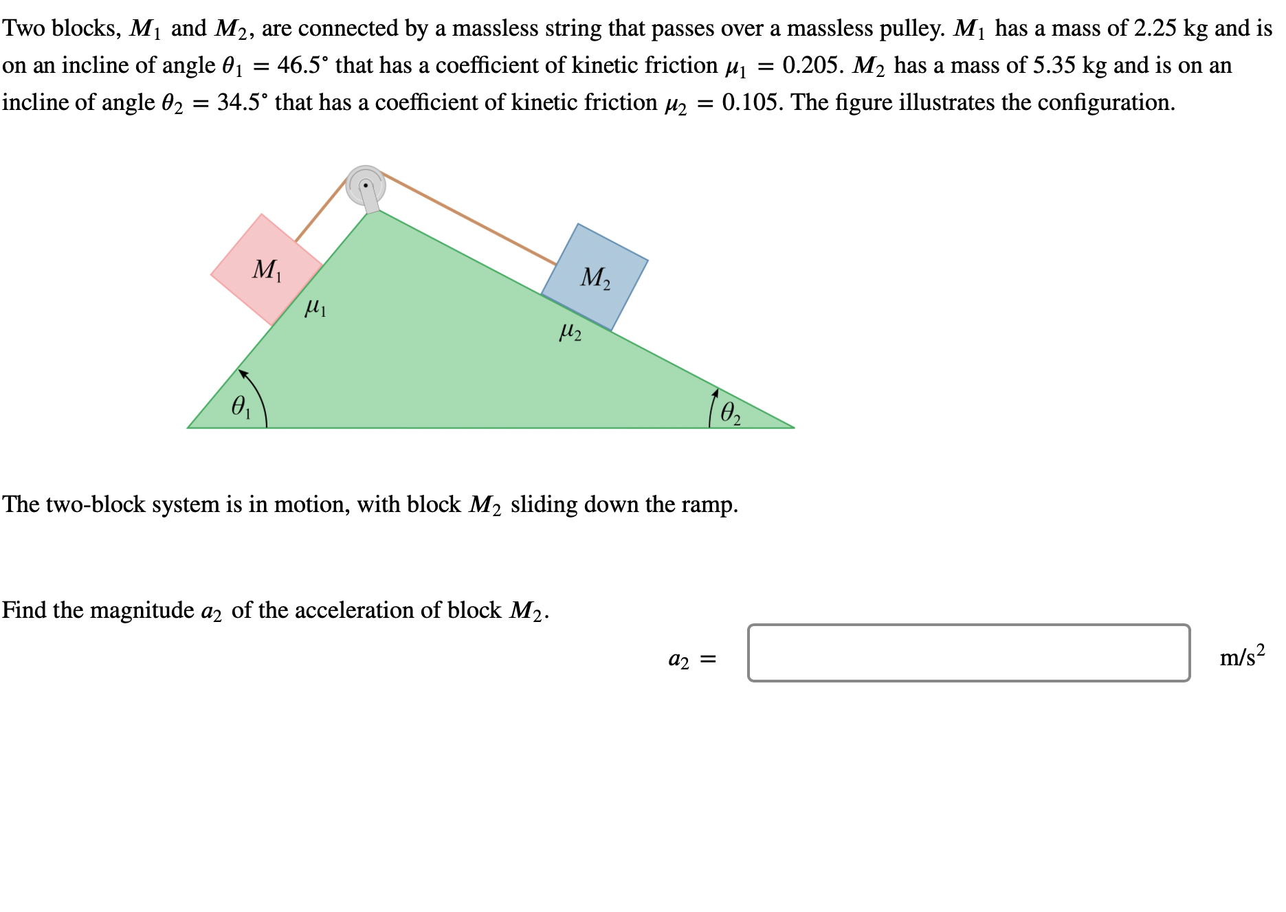 Two Blocks M1 And M2 Are Connected By A Massless String That Passes