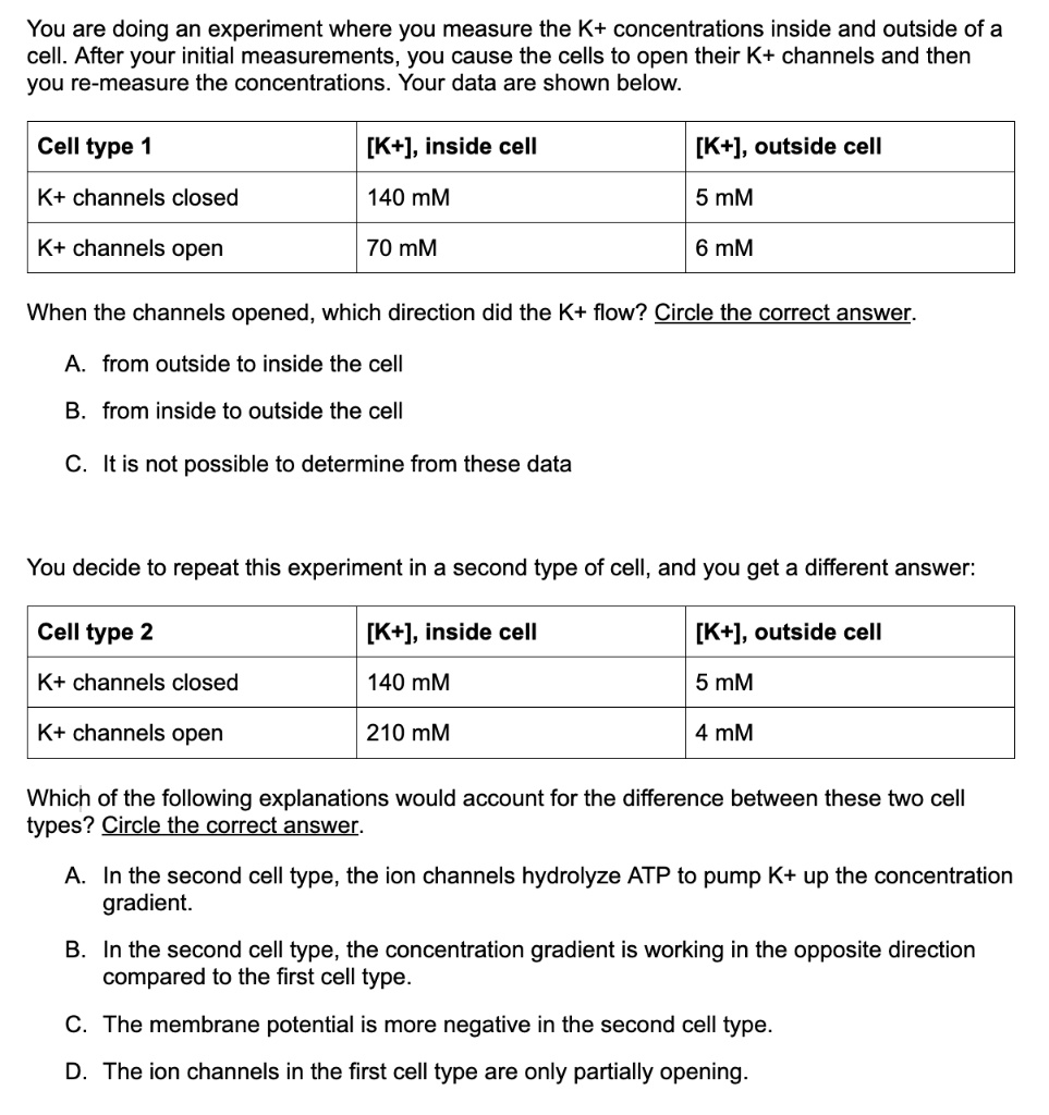 SOLVED: You are doing an experiment where you measure the K+ ...