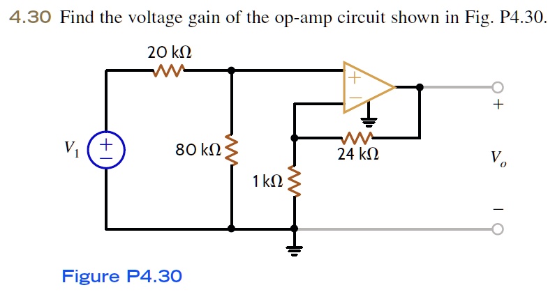 SOLVED: 4.30 Find the voltage gain of the op-amp circuit shown in Fig: P4.30. 20 k 80 k) 24 kn ...