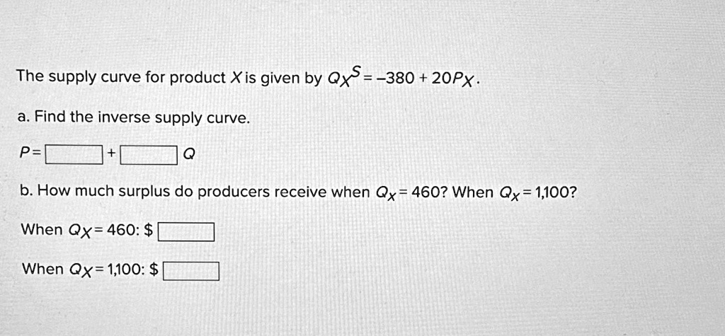 SOLVED: The supply curve for product X is given by QxS= -380 + 20Px a. Find the inverse supply ...