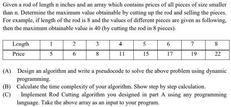 SOLVED: Given a rod of length n inches and an array which contains ...