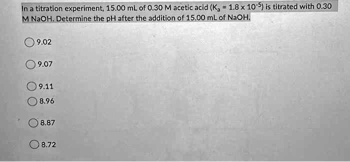 SOLVED: In a titration experiment, 15.00 mL of 0.30 M acetic acid (Ka = 1.8 x 10^(-5)) is ...