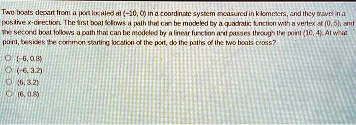 Two boats depart from a port located at (-10, 0) in a coordinate system ...