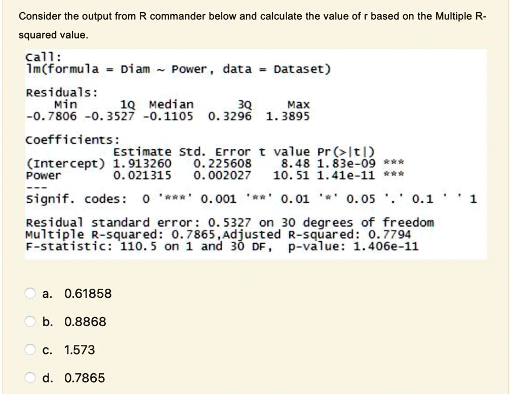 Consider the output from R commander below and calculate the value of r ...
