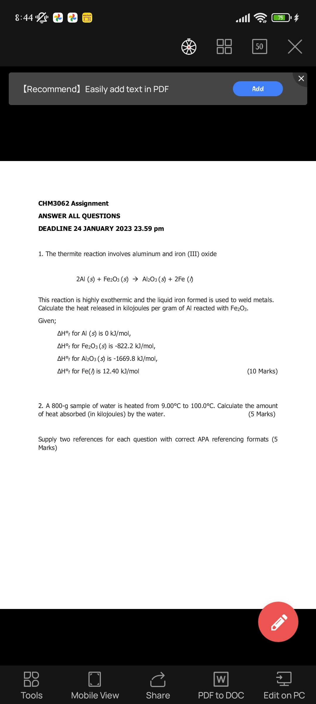 SOLVED: ?Recommend? Easily add text in PDF Add CHM3062 Assignment ...