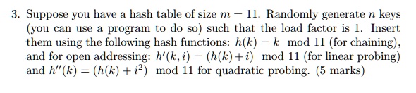 SOLVED: Suppose you have a hash table of size m = 11. Randomly generate ...