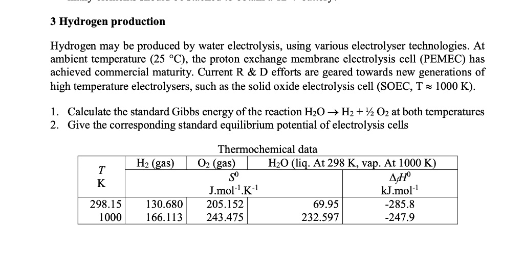 SOLVED: Hydrogen production Hydrogen may be produced by water electrolysis, using various ...