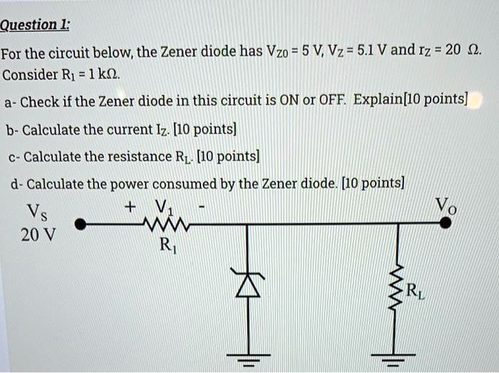 SOLVED: Question: For the circuit below, the Zener diode has Vzo = 5 V ...
