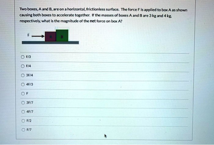 SOLVED: Two boxes, A and B, are on a horizontal, frictionless surface. The force F is applied to ...