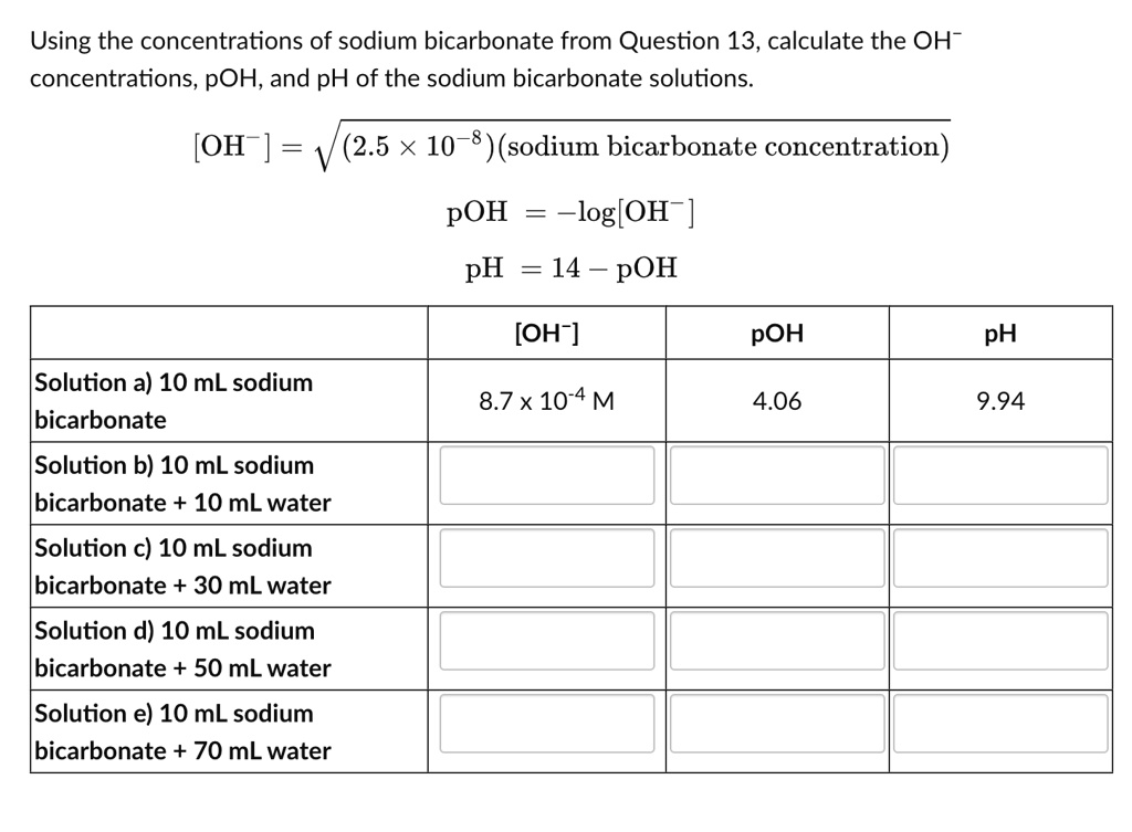 Using the concentrations of sodium bicarbonate from Question 13 ...