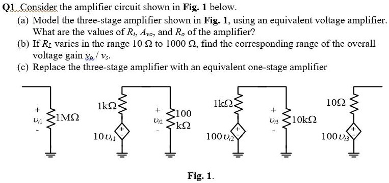 SOLVED: Consider the amplifier circuit shown in Fig.1 below. Model the three-stage amplifier ...
