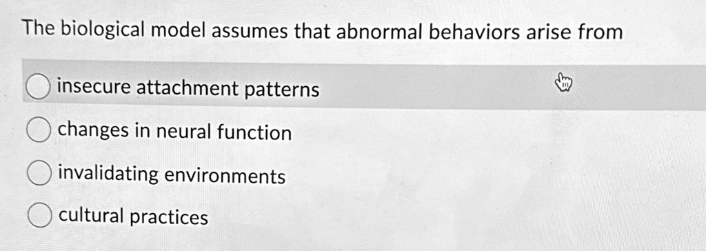 SOLVED: The biological model assumes that abnormal behaviors arise from ...