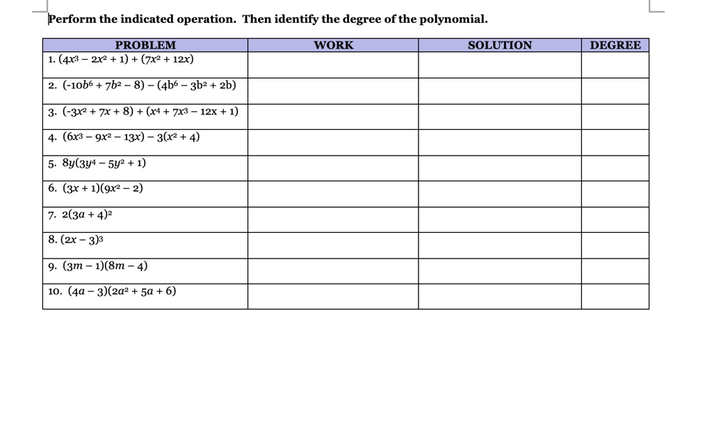 SOLVED: Perform the indicated operation. Then identify the degree of ...