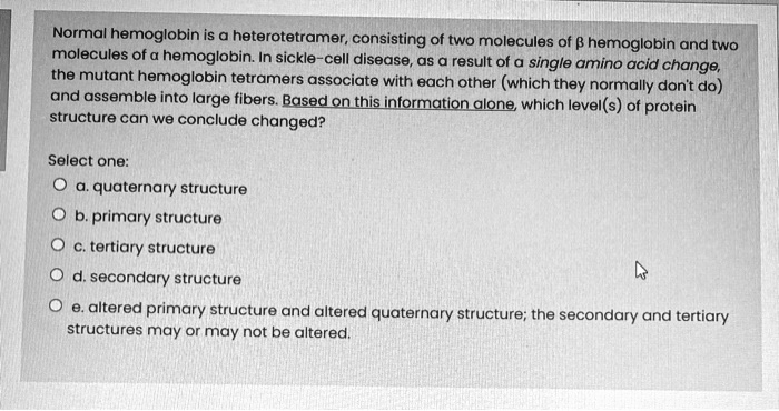 normal hemoglobin is a heterotetramer consisting of two molecules of ...