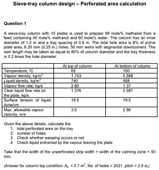 [GET ANSWER] Sieve-tray column design - Perforated area calculation Question 1 A sieve-tray ...