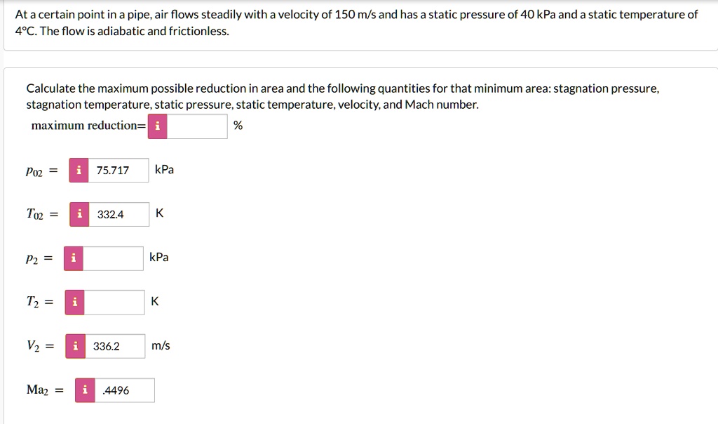 SOLVED: At a certain point in a pipe, air flows steadily with a velocity of 150 m/s and has a ...