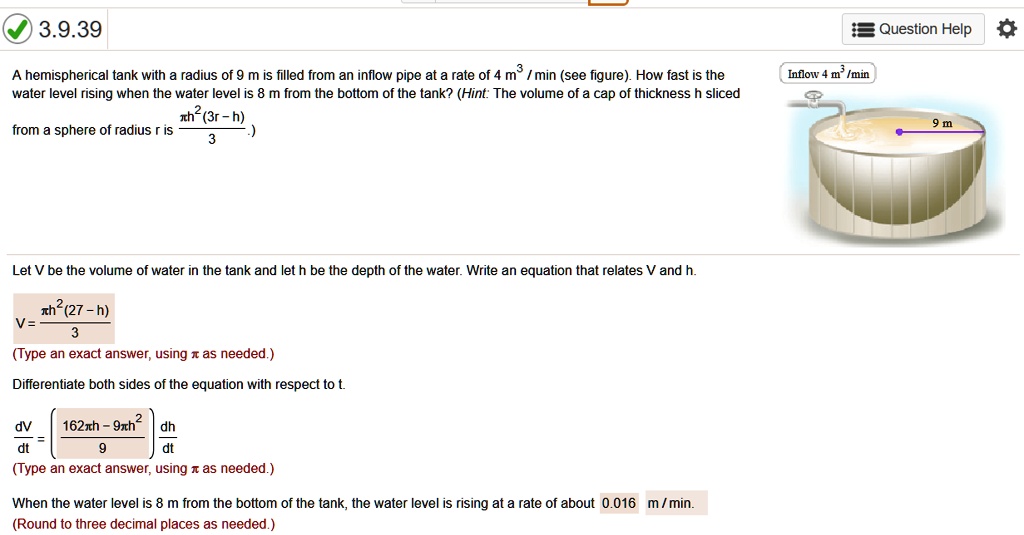 3939 question help a hemispherical tank with radius of 9 m is filled ...