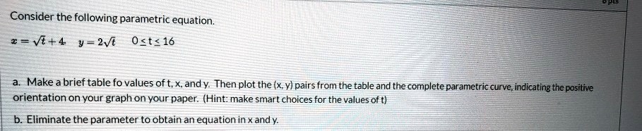 SOLVED: Consider the following parametric equation; 1 = Vi+4 y = 2vt 0